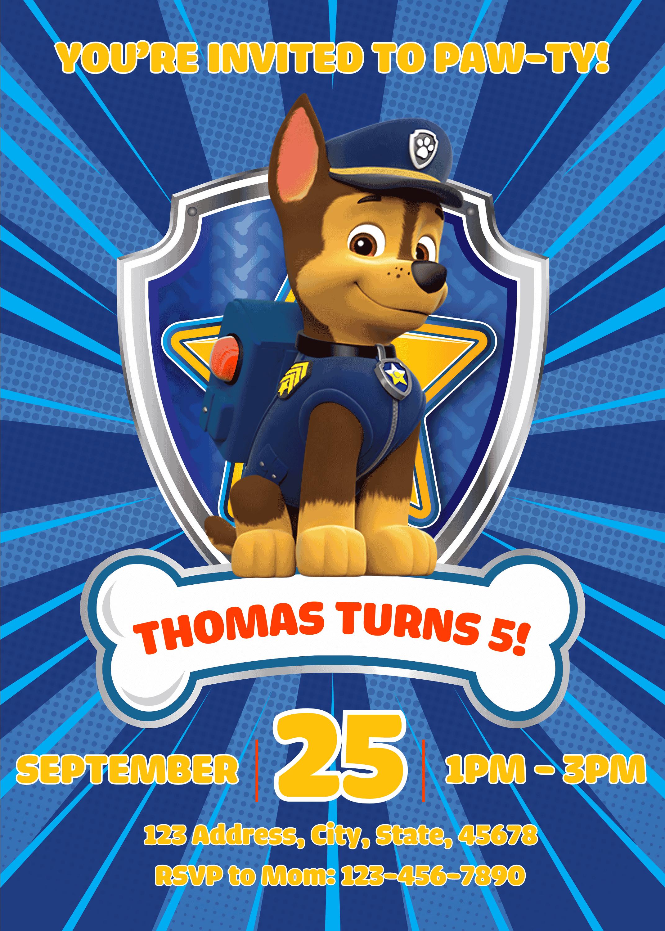 Chase Patrol Birthday Invitation, Paw Patrol Birthday Invitation ...