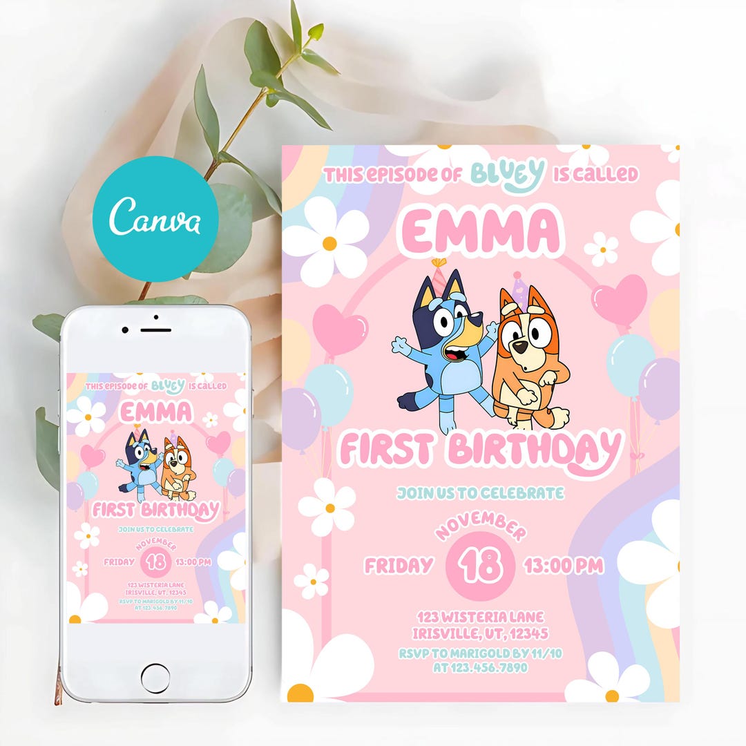 Bluey Pink Rainbow Daisy Girl First 1st Birthday Invitation, Bluey Pink ...