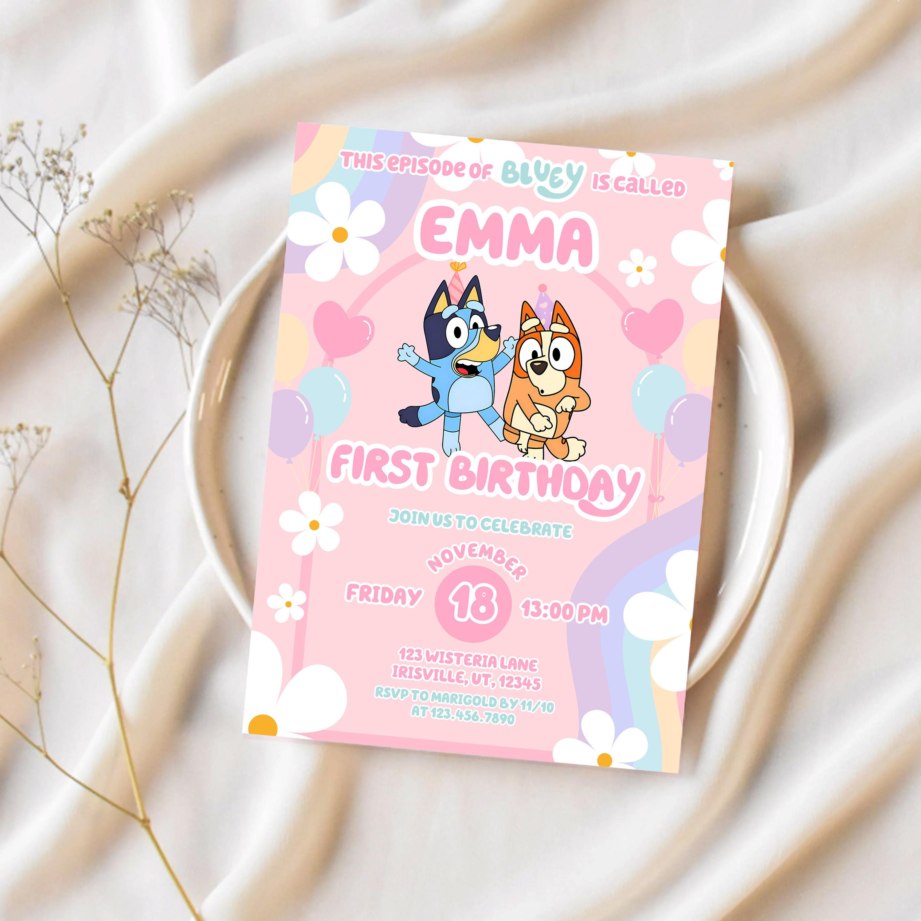 Bluey Pink Rainbow Daisy Girl First 1st Birthday Invitation, Bluey Pink ...