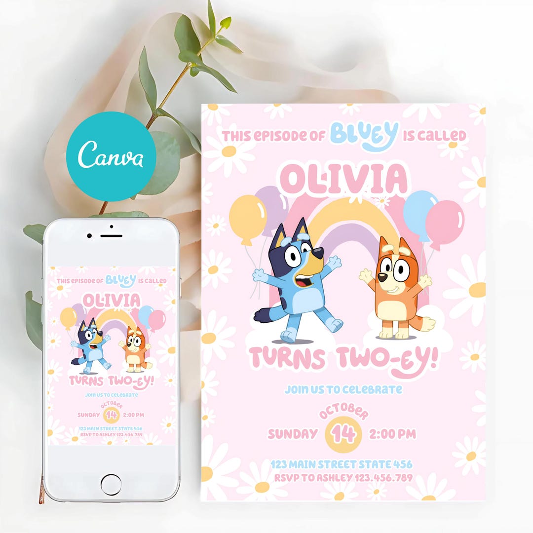 Bluey TWO-EY 2nd Birthday Invitation, Bluey Party Ballon Rainbow Daisy ...