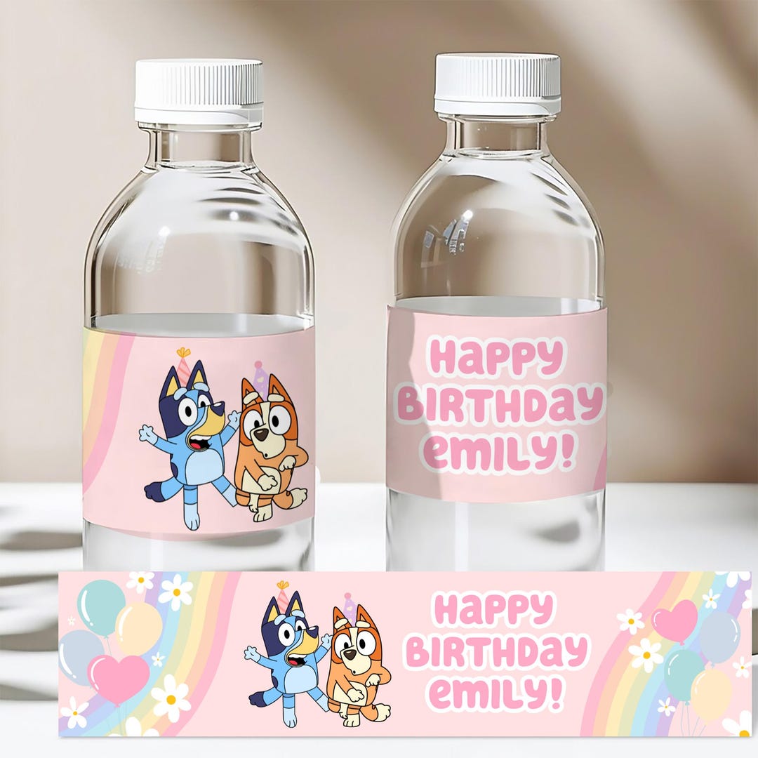Bluey Pink Daisy Water Bottle Label, Bluey Rainbow Daisy Pink Girl ...