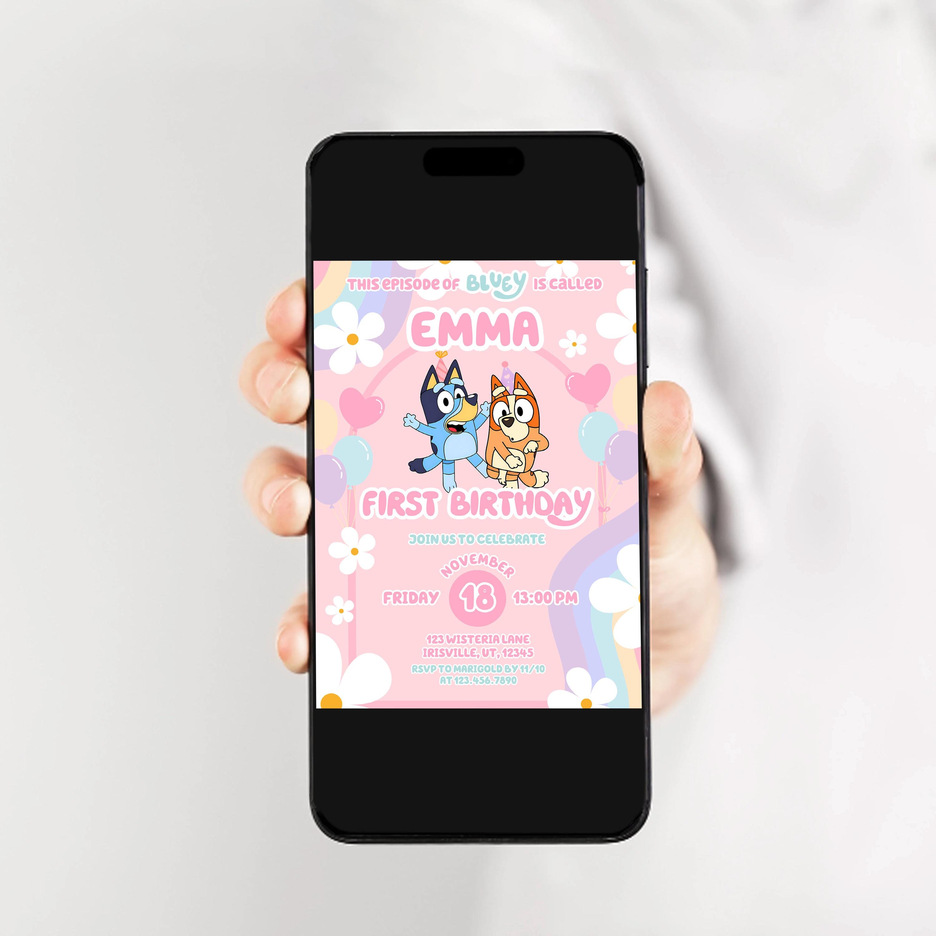 Bluey Pink Rainbow Daisy Girl First 1st Birthday Invitation, Bluey Pink ...