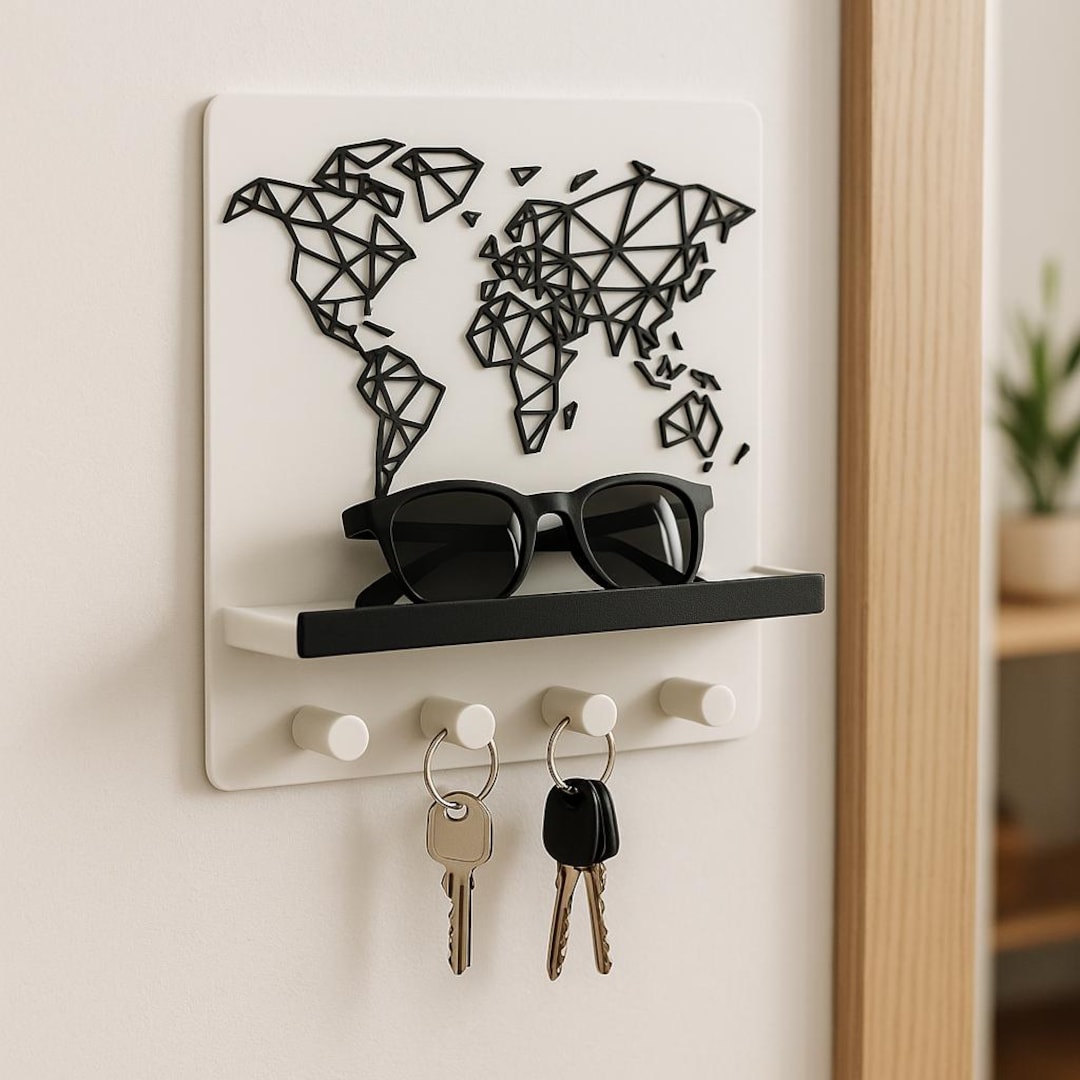 Modern Geometric World Map Key Organizer | Minimalist Wall Decor ...