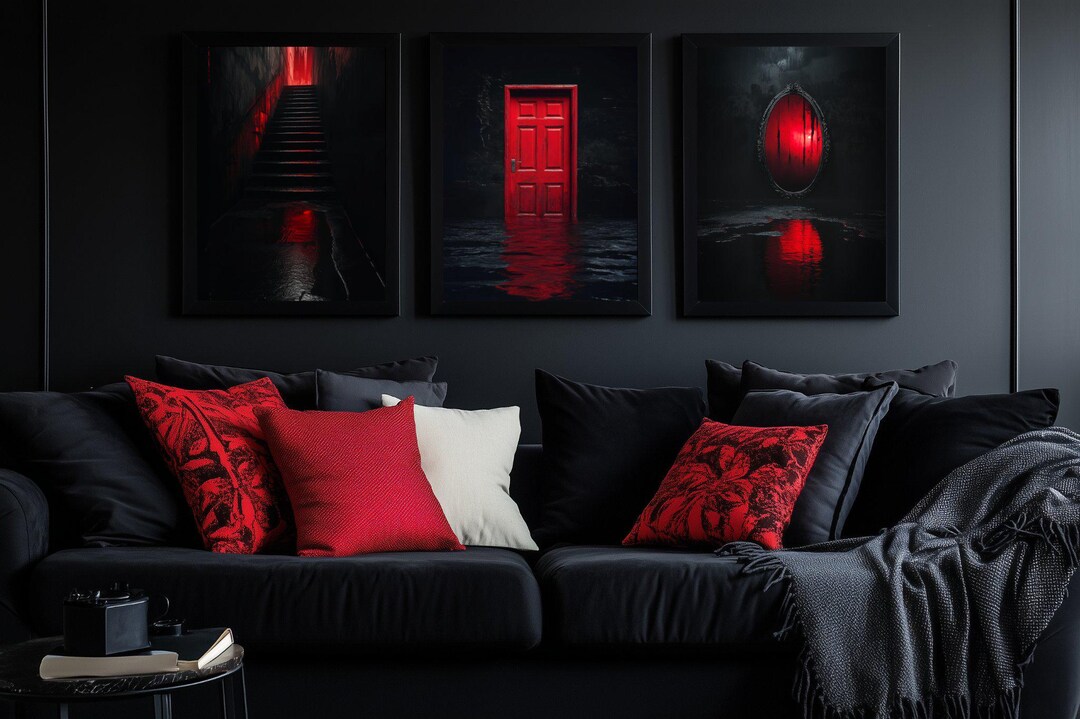Dark Surreal Digital Art Prints | Red Door Gothic Wall Art Set | Modern ...