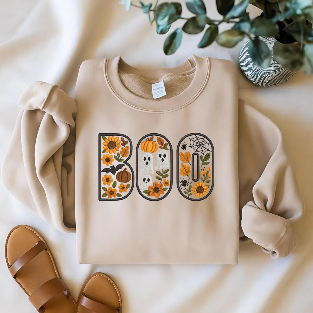 BOO Embroidery Design, Floral Halloween Letters With Ghosts, Pumpkins ...