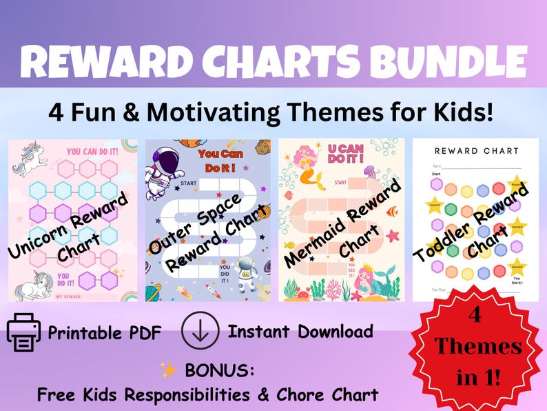 Printable Kids Reward Charts: Unicorn, Mermaid, Space Themes (PDF) - Etsy