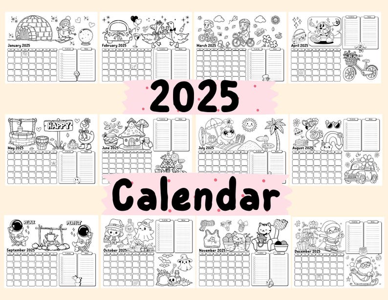 2025 & 2026 Calendar Coloring, Cute Kids Coloring Calendar, Wall ...