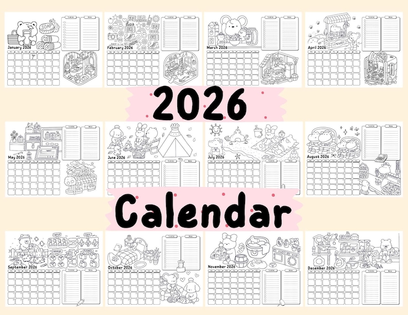 2025 & 2026 Calendar Coloring, Cute Kids Coloring Calendar, Wall ...