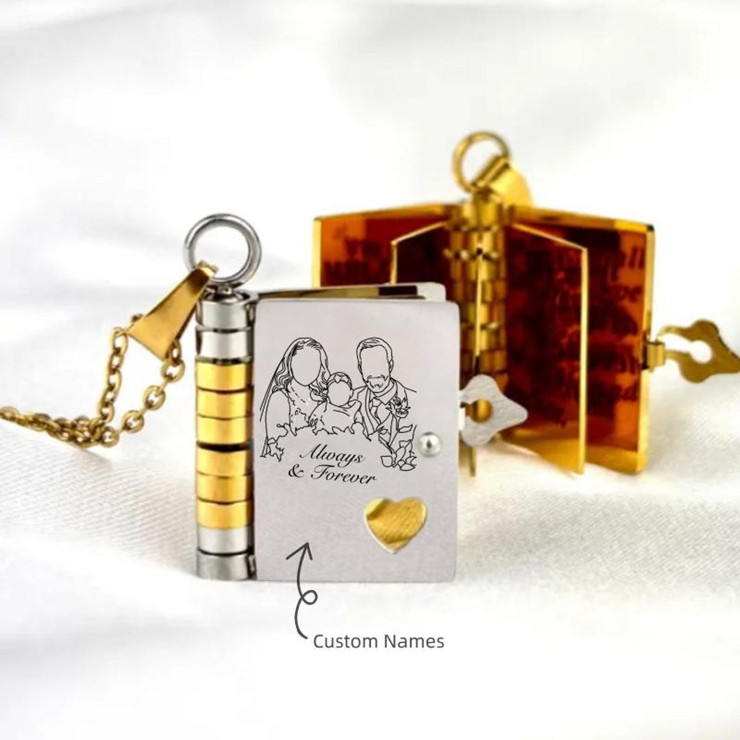Personalized Book Locket Necklace - Custom Engraved Family Members ...