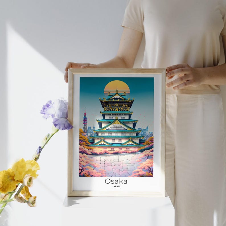 Osaka Travel Poster - Japan Castle Digital Print, Cherry Blossom Wall ...