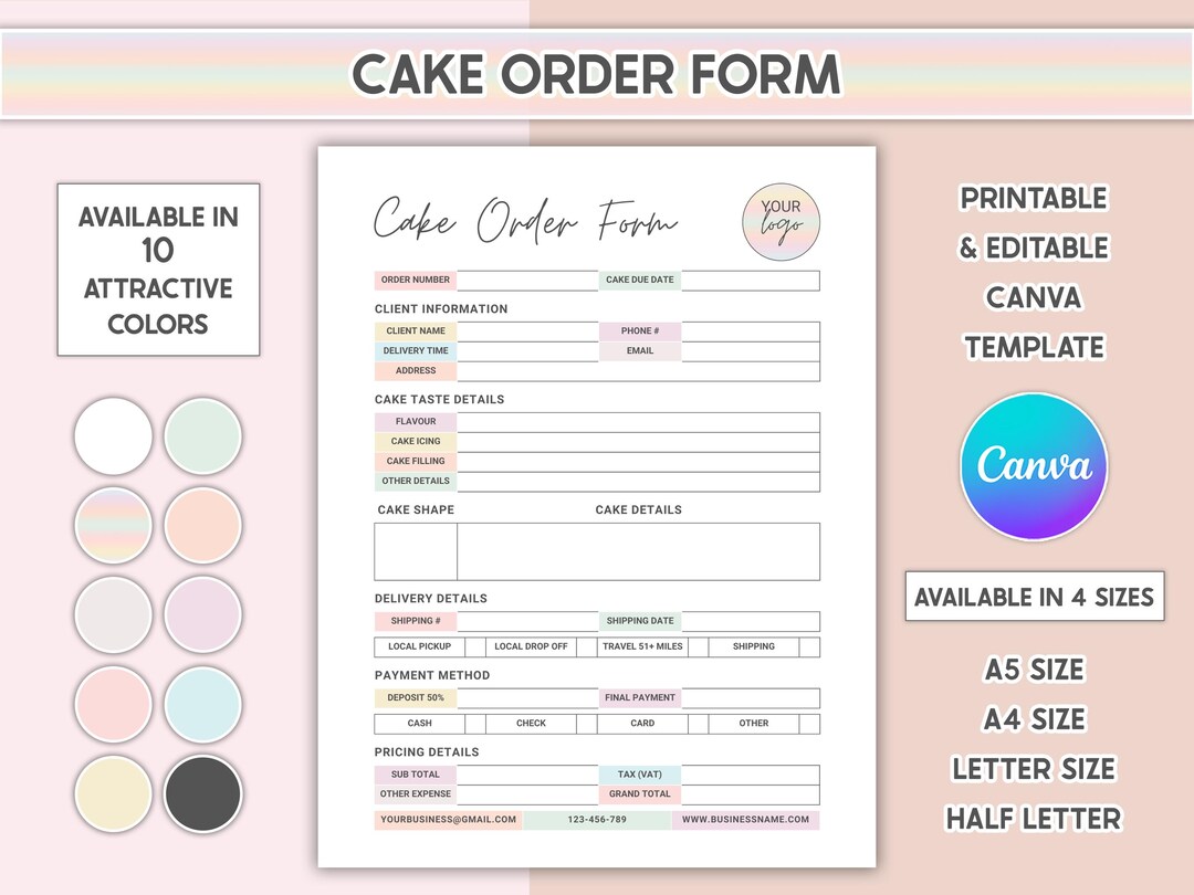Cake Order Form Template Canva Editable Bakery Template Small Business ...