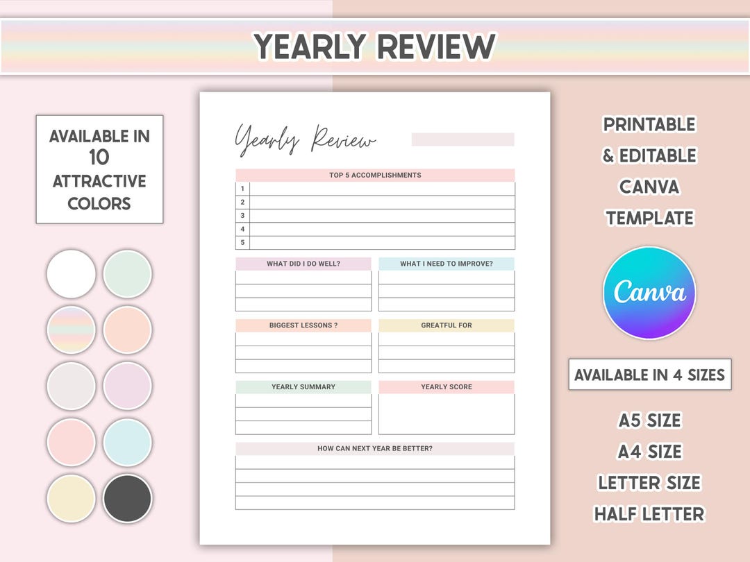 Yearly Review Printable Year End Reflection Canva Editable Goal Setting ...