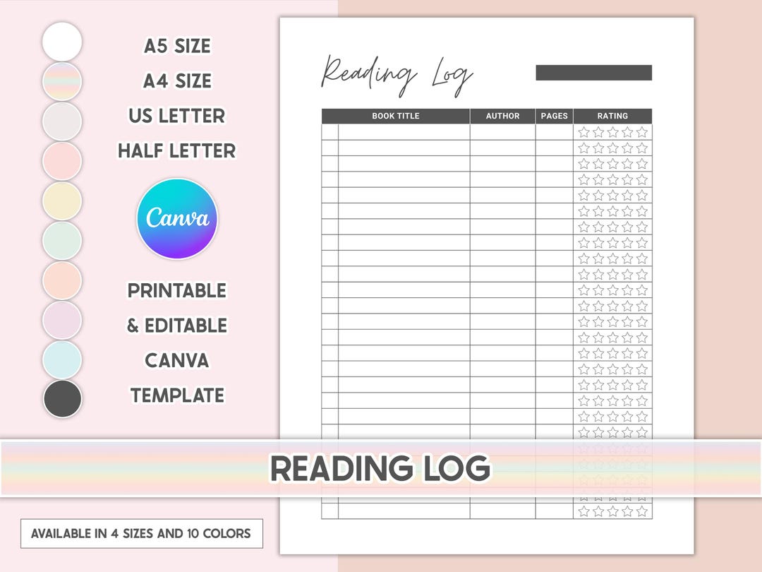 Reading Log Printable Books to Read Canva Editable Reading Log Template ...