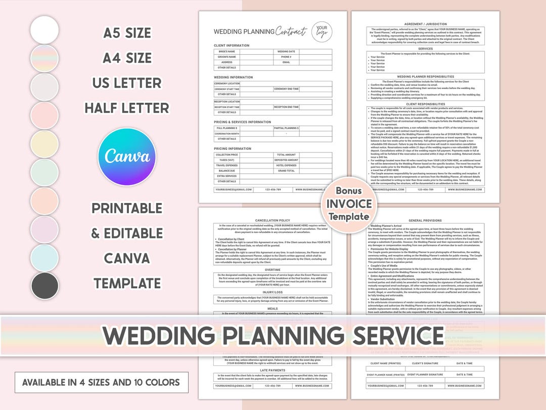 Wedding Planner Contract Template Canva Editable Wedding Planning ...