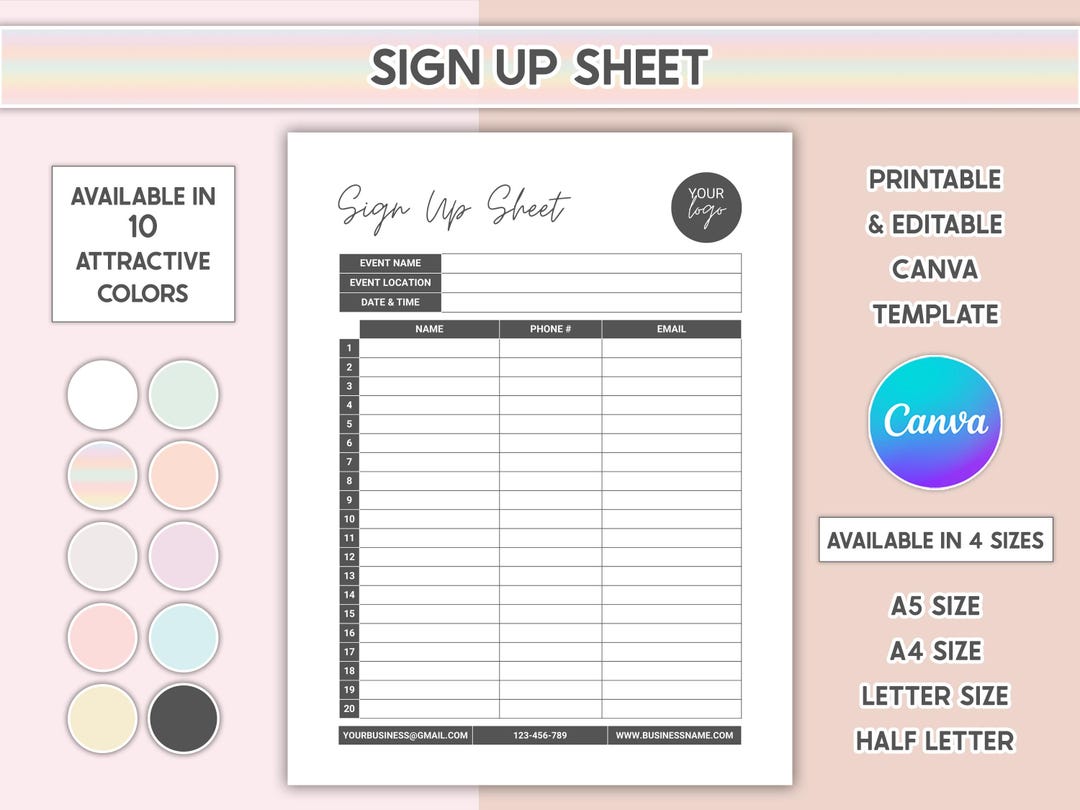 Canva Editable Sign up Sheet Template Printable Sign-in Sheet Party ...