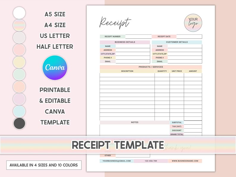 Editable Receipt Template Digital Receipt Printable Receipt Form ...