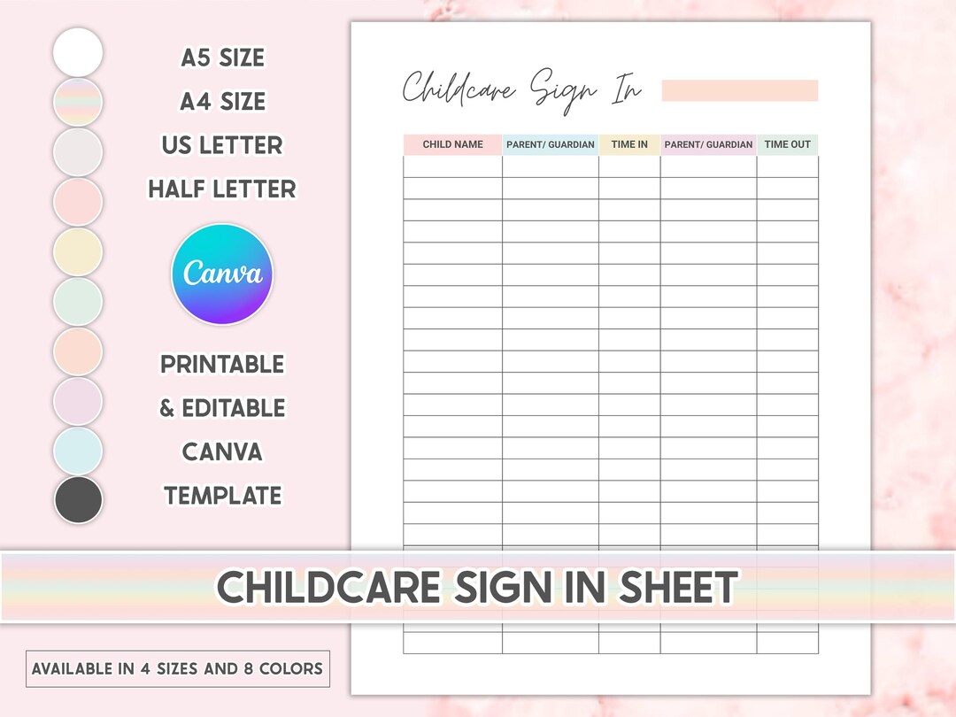 Childcare Sign in Sheet Editable Daycare Sign in Nursery Sign in Sheet ...