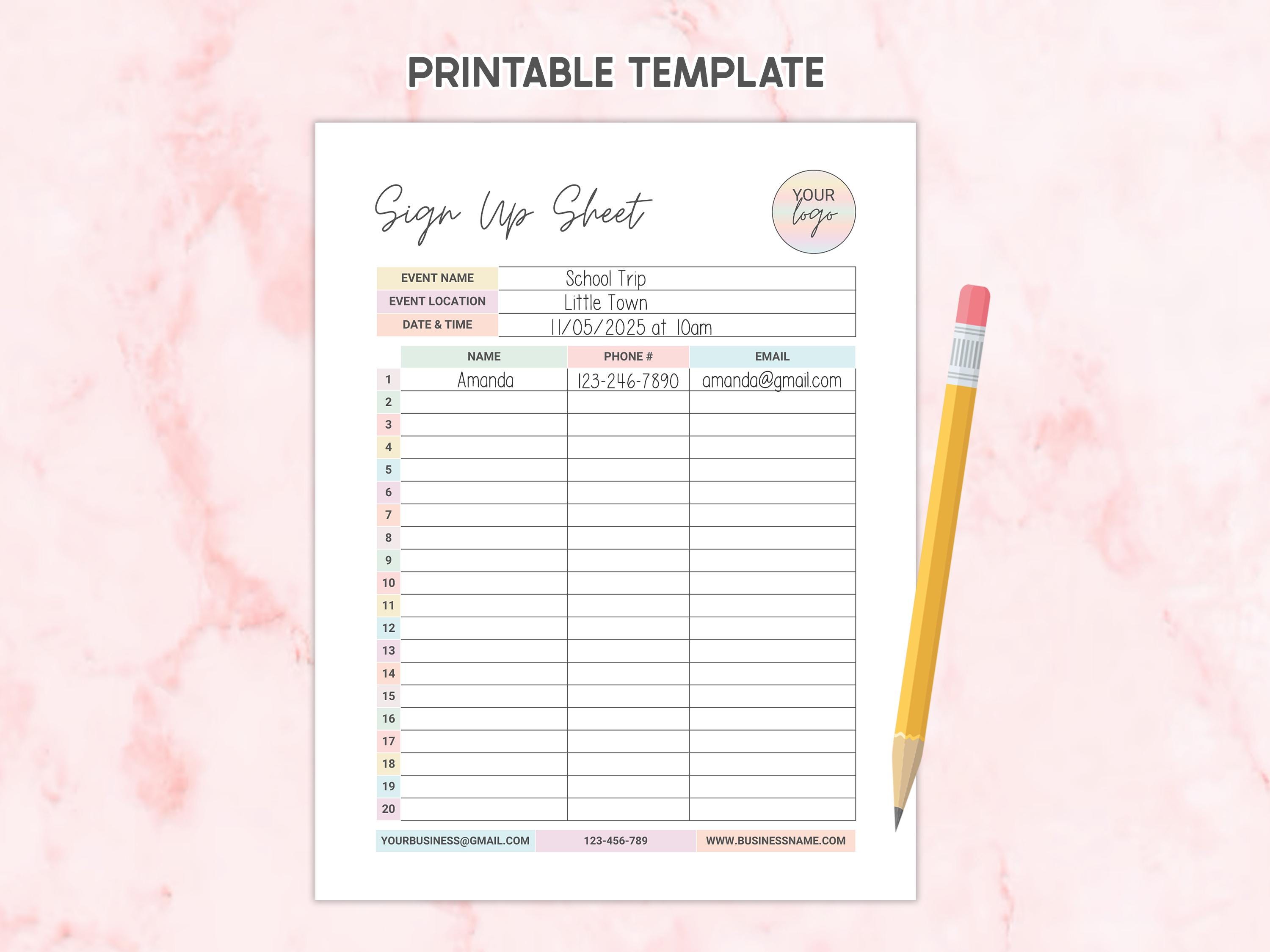 Editable Sign up Sheet Template Digital Event Sign up Sheet Printable ...