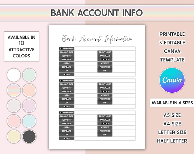 Printable Bank Account Info Sheet, Fillable PDF (5 Sizes) - Etsy Canada