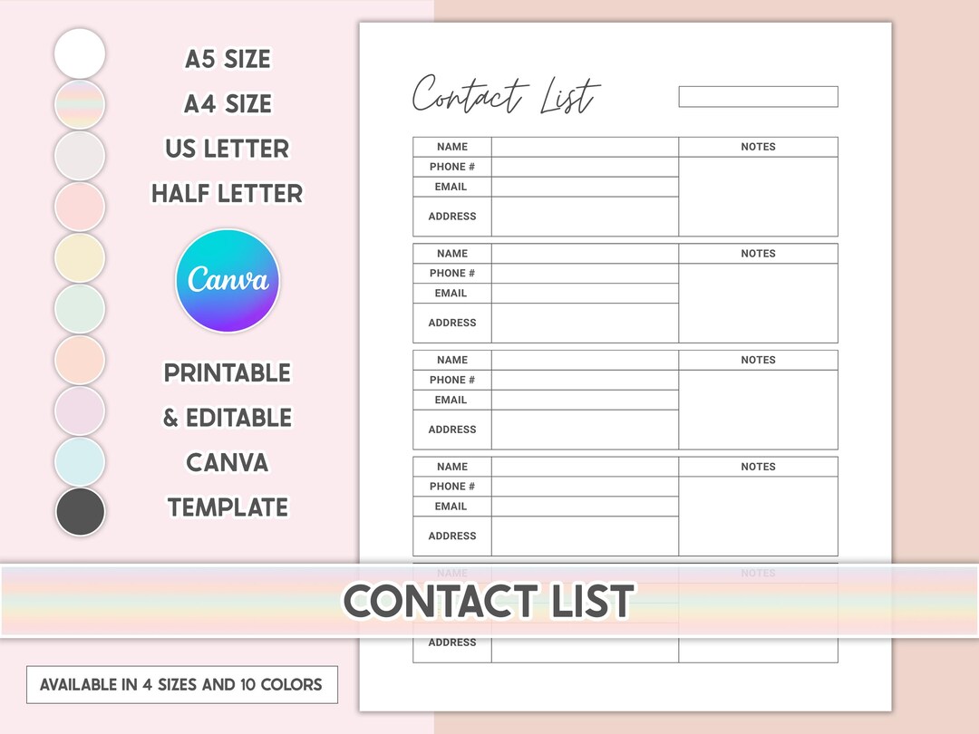 Contact List Template Editable Contact List Name and Number Family ...