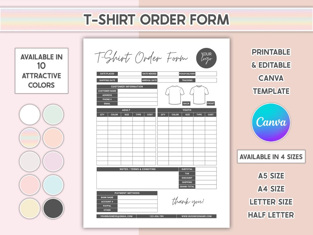 Canva Editable T-shirt Order Form Invoice Template Printable Small ...
