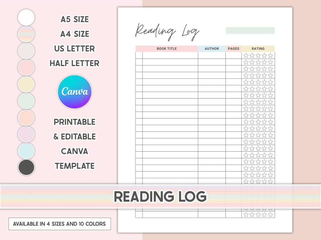 Reading Log Printable Books to Read Canva Editable Reading Log Template ...