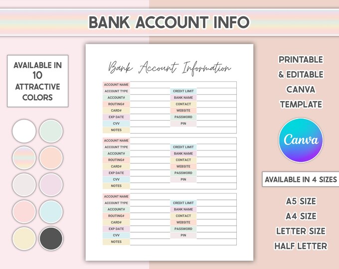 Printable Bank Account Info Sheet, Fillable PDF (5 Sizes) - Etsy Canada