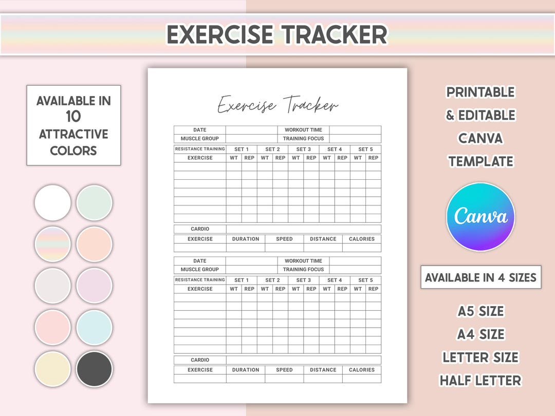 Workout Tracker Printable Daily Exercise Log Weight Loss Fitness ...
