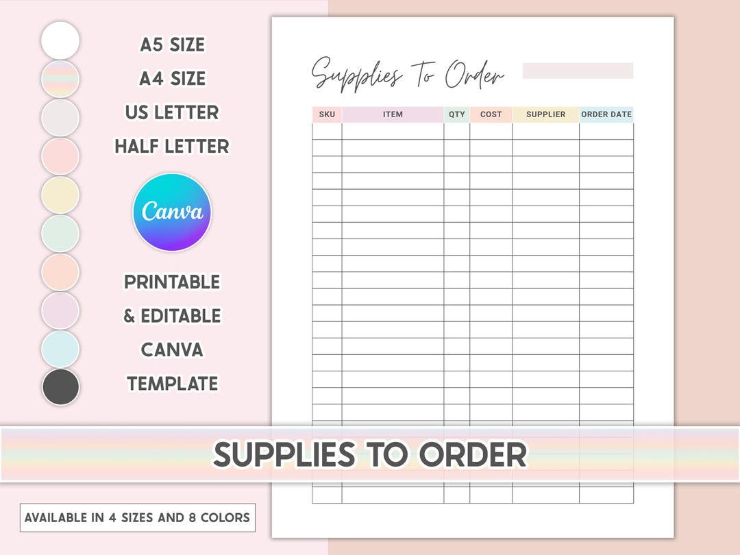 Supplies to Order Tracker Printable Inventory Tracker Canva Editable ...