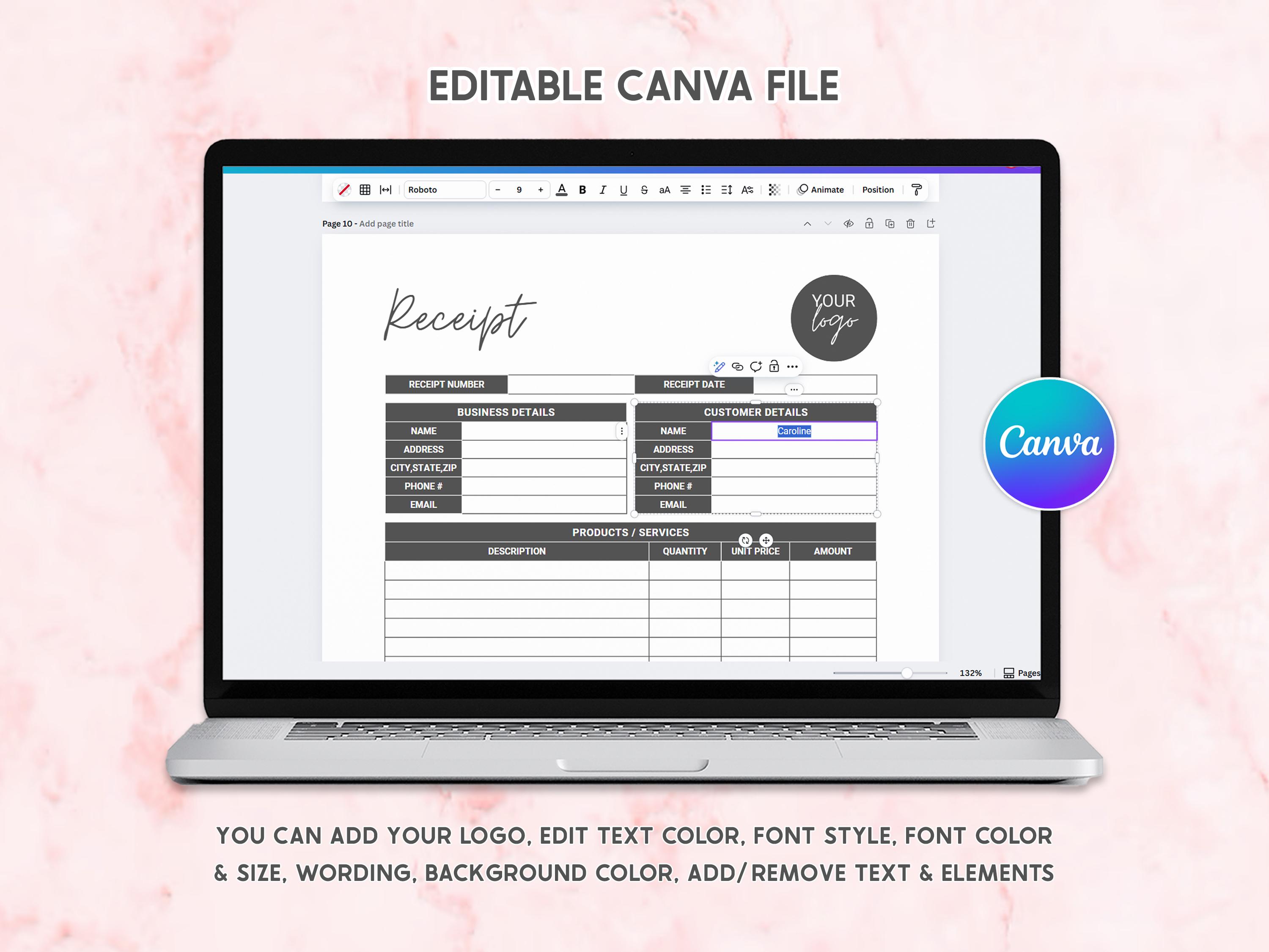 Editable Receipt Template Digital Receipt Printable Receipt Form ...