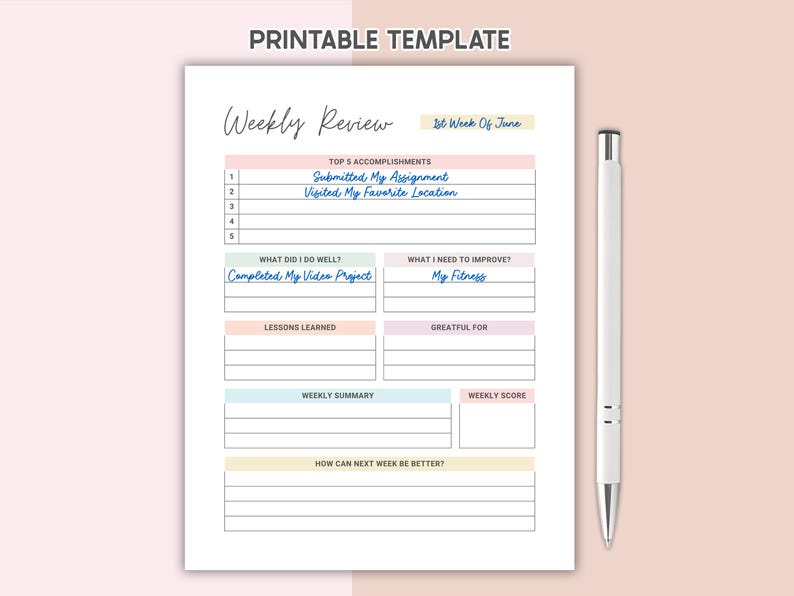 Editable Weekly Review Template Printable Planner Inserts Week in ...