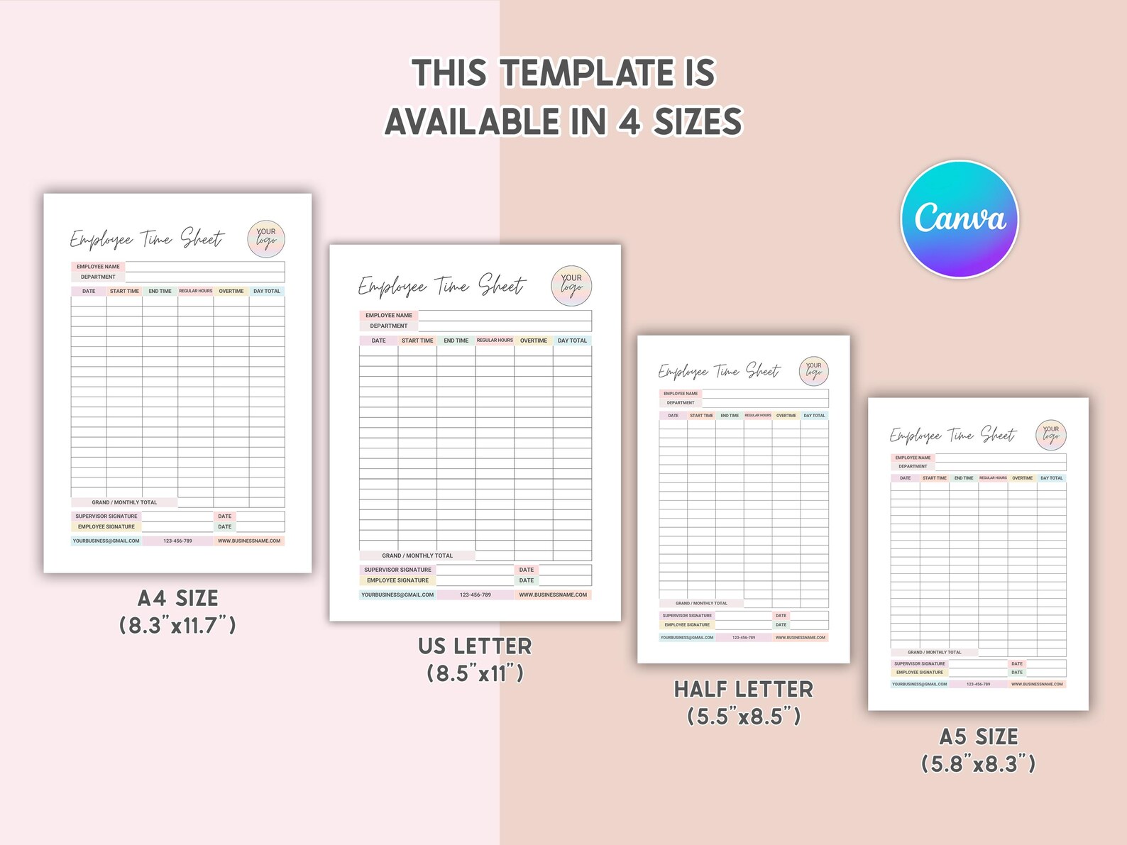 Printable Employee Time Sheet Tracker Canva Editable Weekly & Monthly ...