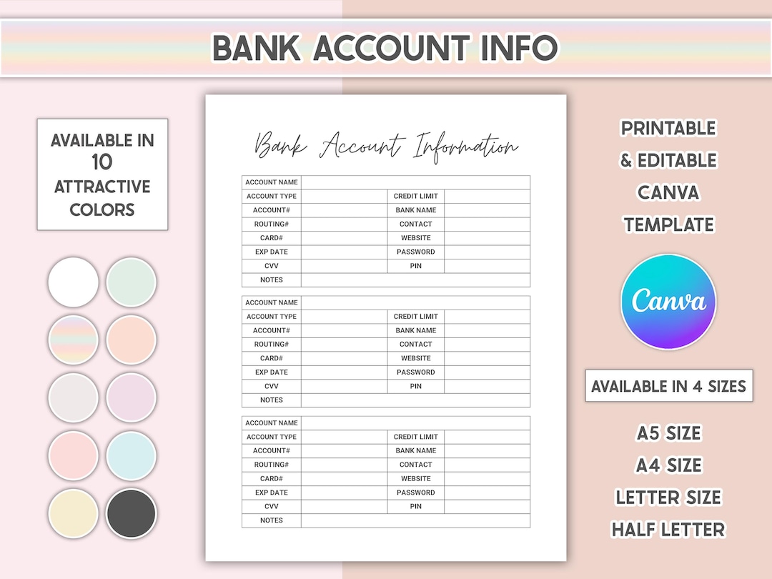 Bank Account Info Printable Bank Tracker Canva Editable Accounts Log ...