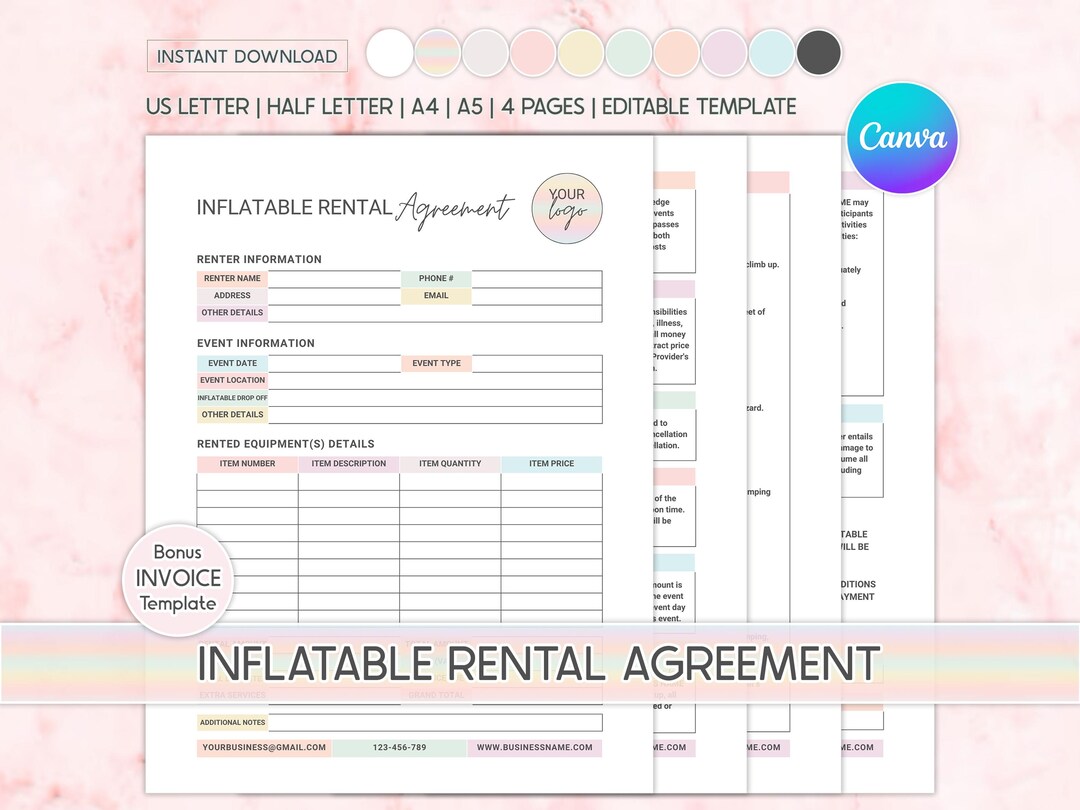 Inflatable Rental Agreement Editable Bounce House Rental Agreement ...