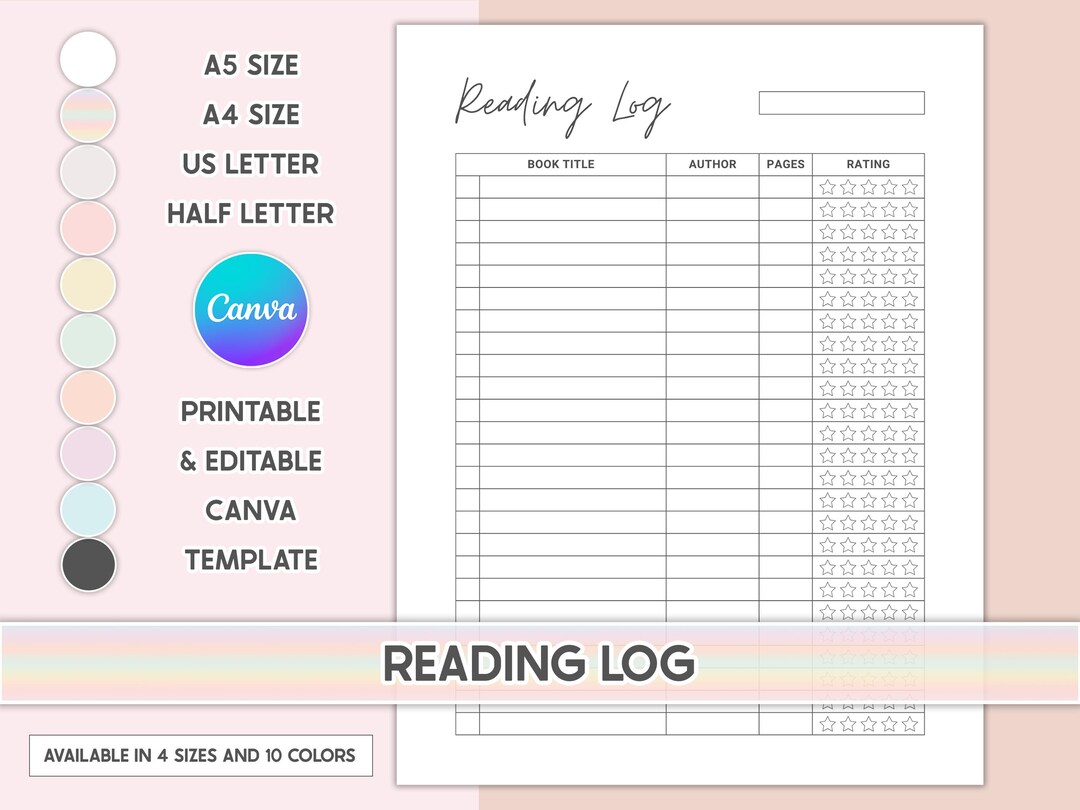 Reading Log Printable Books to Read Canva Editable Reading Log Template ...