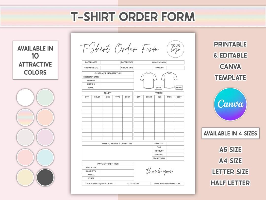 Canva Editable T Shirt Order Form Invoice Template Printable Small ...