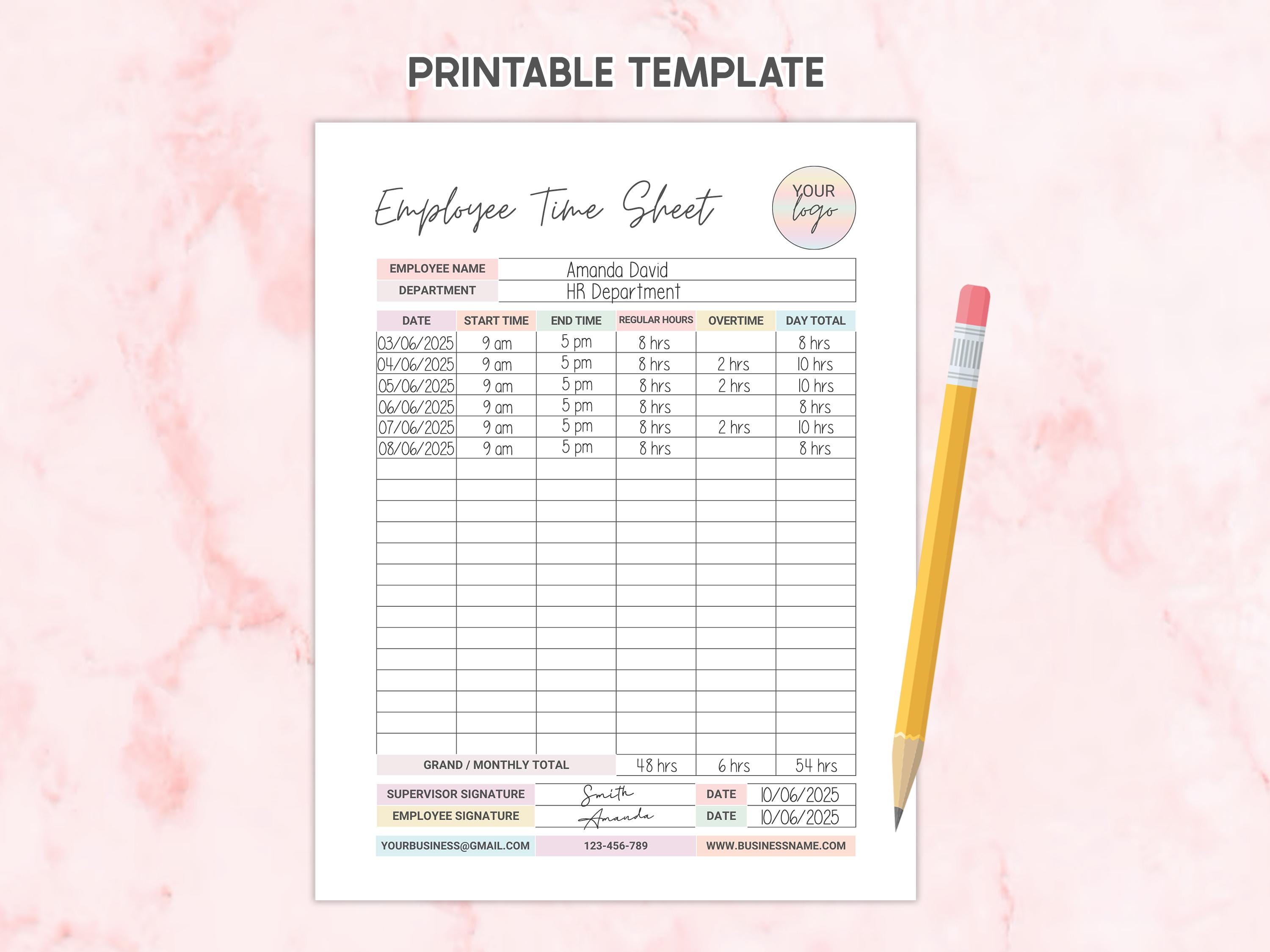 Employee Timesheet Editable Employee Time Tracker Template Printable ...