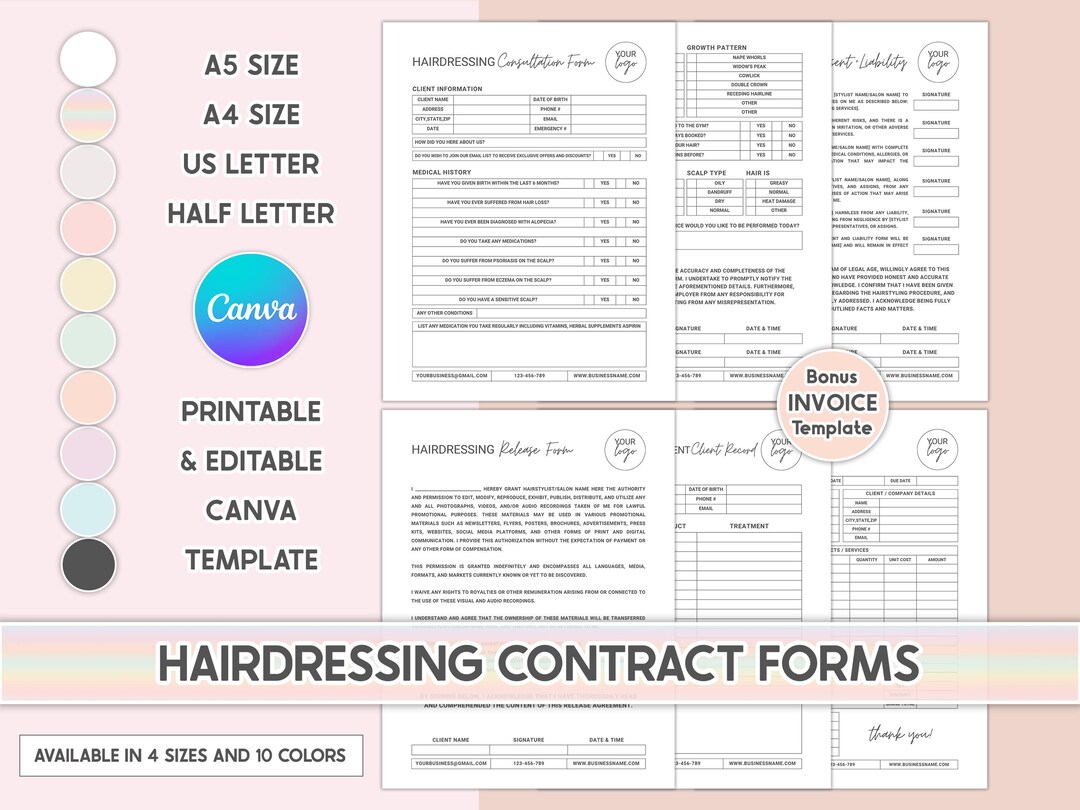 Editable Hairdressing Consultation Forms: Client Contract Templates (a4 ...