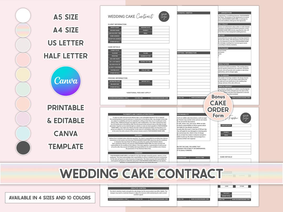 Wedding Cake Contract Template Editable Wedding Cake Order Form and ...