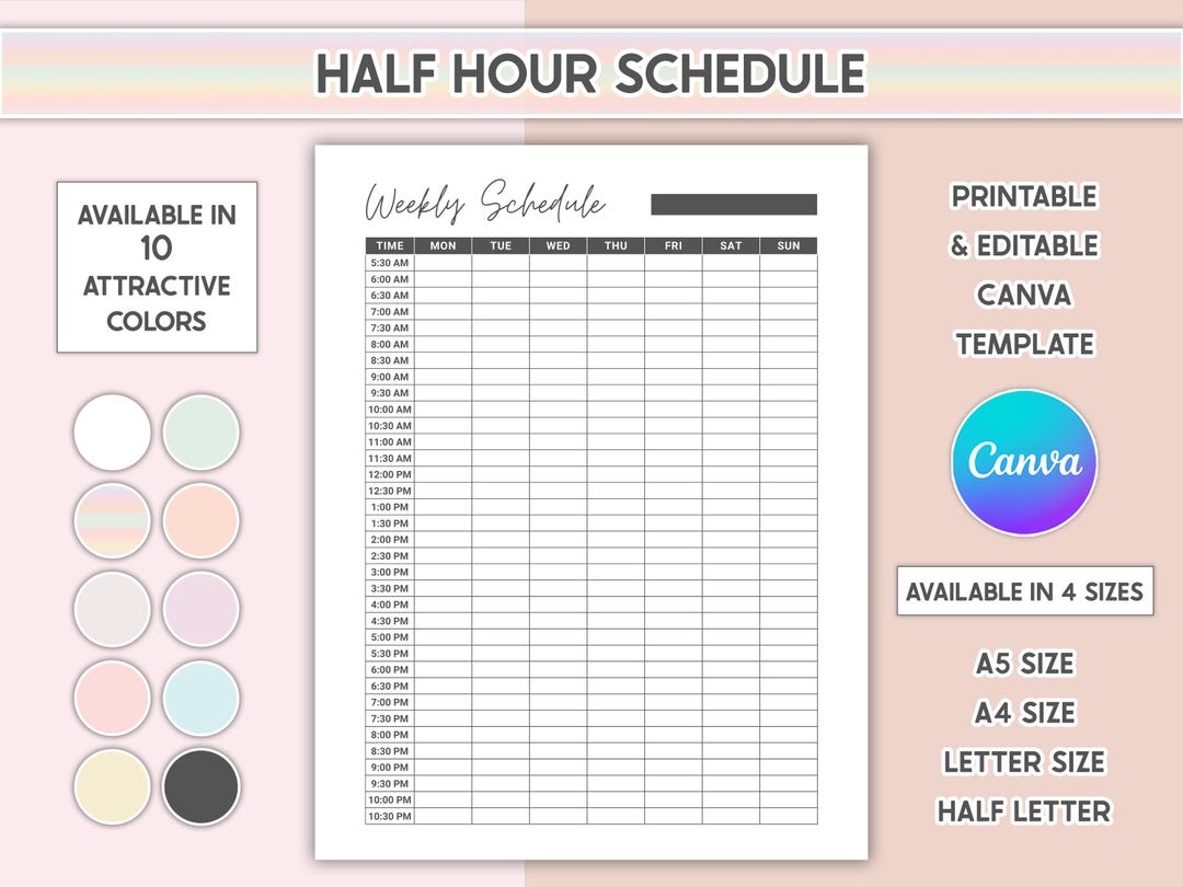 Editable Half Hour Weekly Schedule Weekly Planner Printable to Do List ...