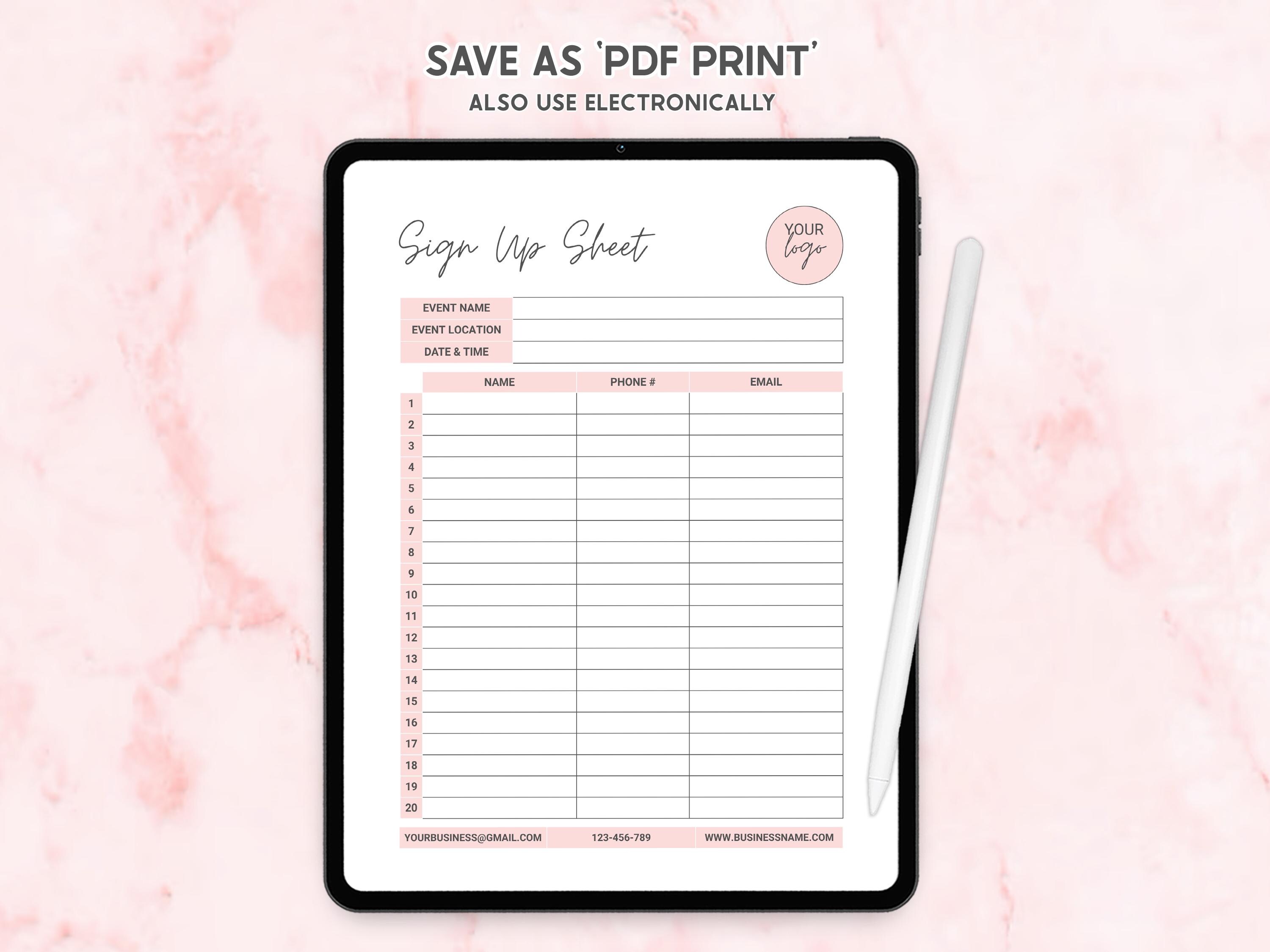 Editable Sign up Sheet Template Digital Event Sign up Sheet Printable ...