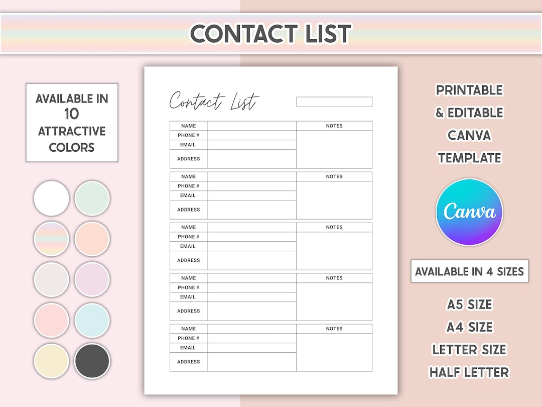 Canva Editable Contact List Name and Number Family Printable Address ...