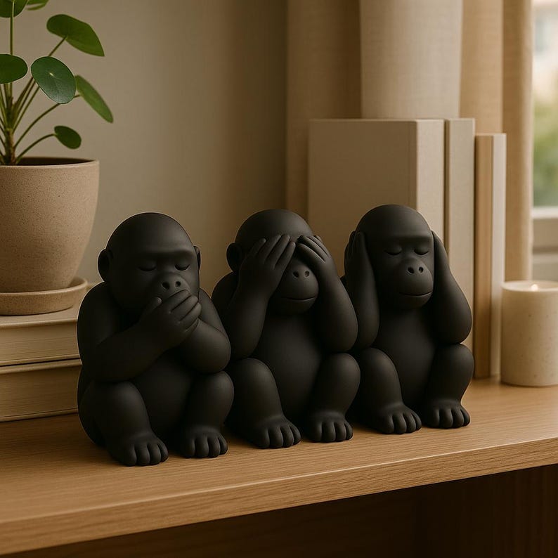 Three Wise Monkeys Gorilla Figurines Sets – Matte Black Zen Decor (6cm ...