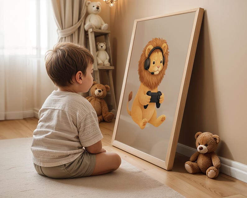 Lion Gamer Wall Art Printable, Gaming Kids Room Poster With Headphones ...
