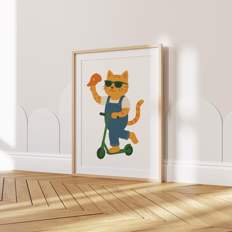 Cool Cat on Kick Scooter Digital Poster, Kids' Room Wall Art, Whimsical ...