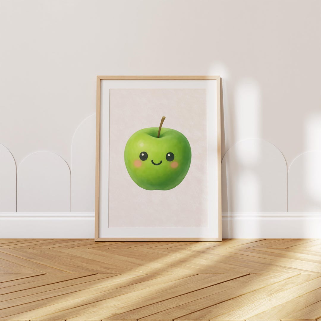 Happy Green Apple Digital Poster, Cute Fruit Wall Art for Nursery ...