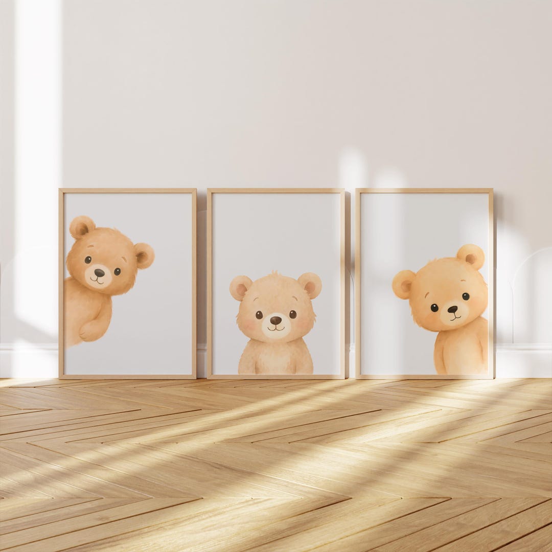 Cute Teddy Bear Digital Poster Set, Nursery Wall Art, Woodland Kids ...