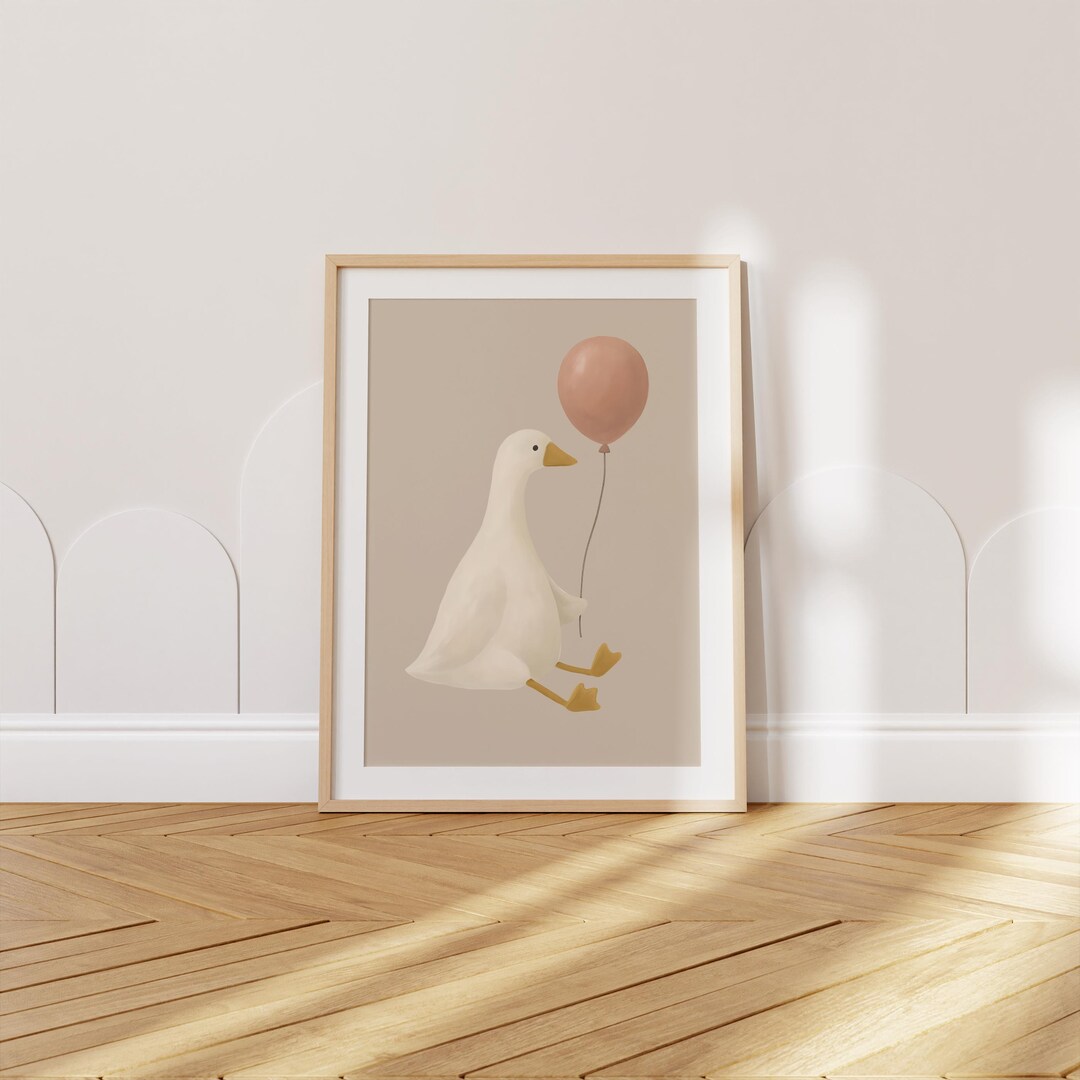 Cute Goose With Balloon Wall Art Print – Nursery Animal Poster for Kids ...