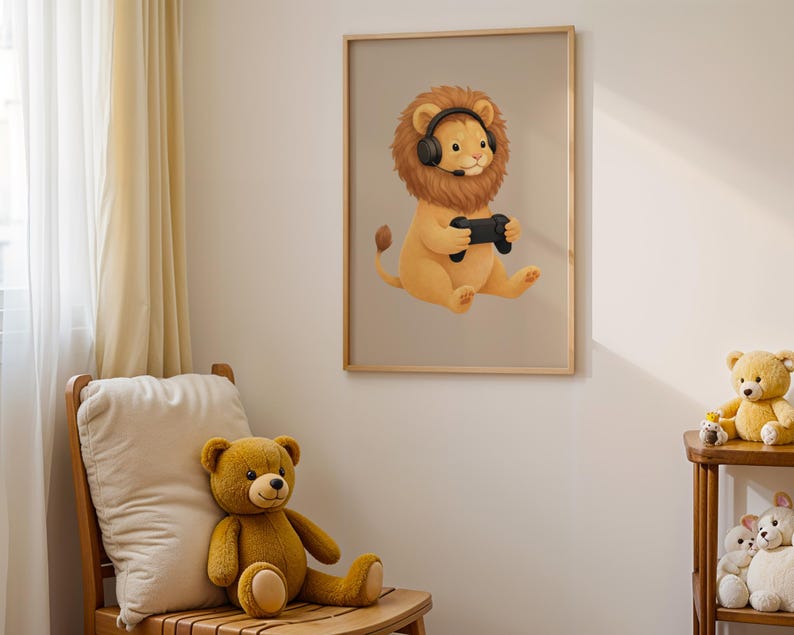 Lion Gamer Wall Art Printable, Gaming Kids Room Poster With Headphones ...