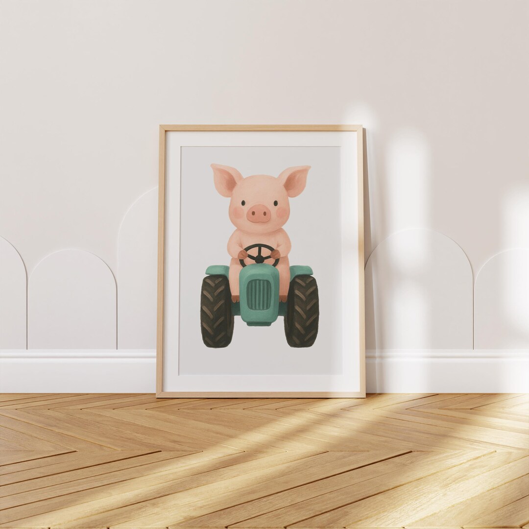 Cute Pig on Tractor Digital Poster, Farm Animal Wall Art for Kids ...